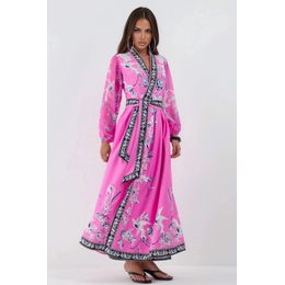 Blumenkleid mit V-Ausschnitt und G&uuml;rtel im Maxiformat