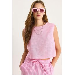 Leinenmischung Kurzarm Crew Neck Bluse