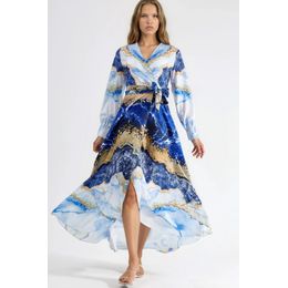Maxikleid mit abstraktem Druck und langen &Auml;rmeln sowie Bindeband-Detail