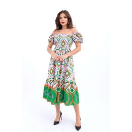 Gemustertes, fransiges A-Linien-Midikleid mit quadratischem Kragen