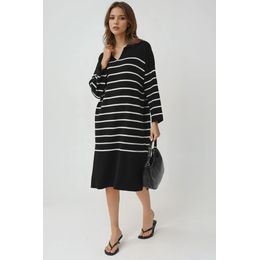 Gestreiftes V-Ausschnitt Midi-Strickkleid mit lockerer Passform und Schlitz
