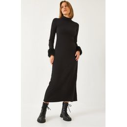 Kunstfell-Halbkragen-Midi-Kleid mit langen &Auml;rmeln