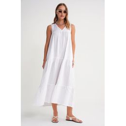 &Auml;rmelloses V-Ausschnitt-Mulldress mit Taschen in Midi-L&auml;nge