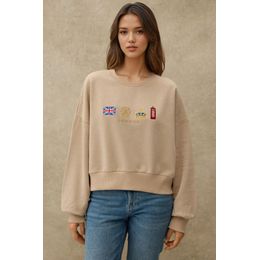Bestickter Rundhals-Sweatshirt aus Baumwolle mit Fleece-Innenfutter