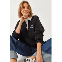 Besticktes Polo-Kragen Langarm-Sweatshirt