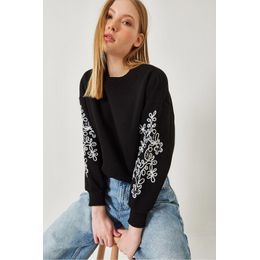 Gestickter Rundhalsausschnitt Langarm-Sweatshirt