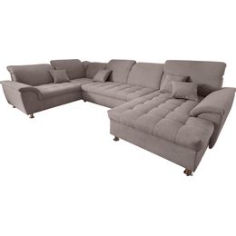 Wohnlandschaft DOMO collection "FRANZI optional mit Bettfunktion, Bettkasten & Kopfteilverstellung", grau (taupe), B:352cm H:81cm T:214cm, Flachgewebe (100% Polyester);Chenille (100% Polyester), Sofas, Wohnlandschaft, U-Form, Recamiere rechts, taupe, B/T: 352/214 cm
