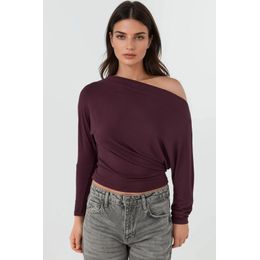 Asymmetrischer Kragen Langarm Elastisches Strick-T-Shirt