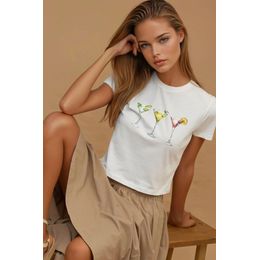 Bedrucktes Regular Fit Rundhals T-Shirt aus 100% Baumwolle im Crop-Style