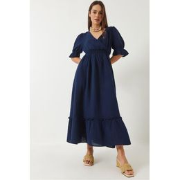 V-Ausschnitt Strukturiertes Midi-Kleid mit Elastischen Details