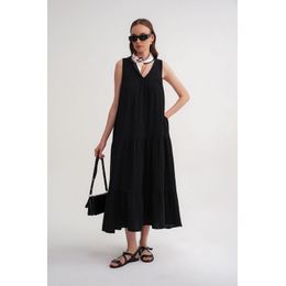 &Auml;rmelloses V-Ausschnitt-Mull-Midi-Kleid mit Taschen