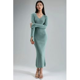 V-Ausschnitt Texturiertes Maxikleid aus Strick mit Schlitz