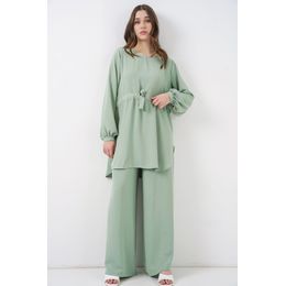 Crew-Neck-Tunika mit Krawatten-Detail und weiten Hosen Set