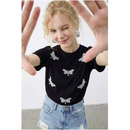 Besticktes Rundhals T-Shirt in lockerer Passform