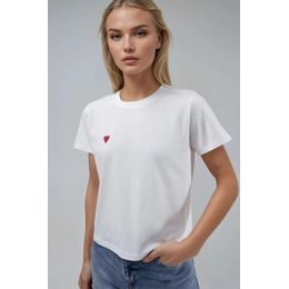 Besticktes Rundhals-Kurzarm-T-Shirt aus 100% Baumwolle