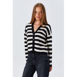 Gestreifter V-Ausschnitt Knopf-Cardigan