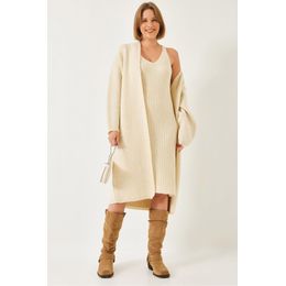 Strukturierter Strick V-Ausschnitt Cardigan-Kleid Zwei-teiliger Satz