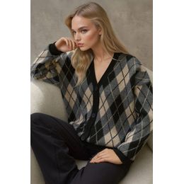 Langer V-Ausschnitt geometrischer Strick-Cardigan mit Kn&ouml;pfen