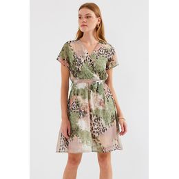 V-Ausschnitt Blumendesigner Mini-Kleid mit Bindegurt