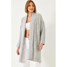 Strukturierter langer Rippenstrick-Cardigan mit Schalkragen