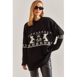 Langer Oversized-Muster-Strickpullover mit Rundhalsausschnitt