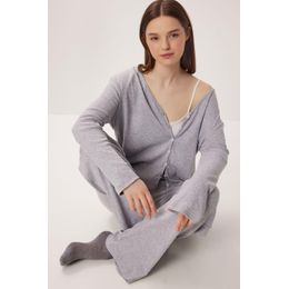 V-Ausschnitt Knopf-Longcardigan und Hose Schlafanzug Set