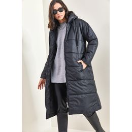 Kapuzenslong Puffer-Daunenmantel mit Taschen