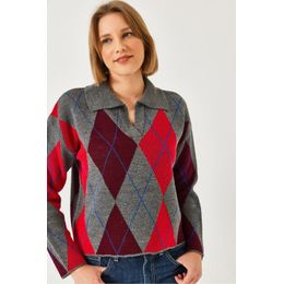 Geometrisches Muster Polo Kragen Strickpullover