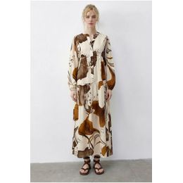 Abstraktes V-Ausschnitt Midi-Kleid mit langen &Auml;rmeln