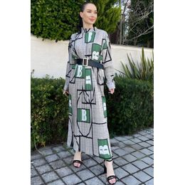 Geometrisch gemustertes Maxikleid mit G&uuml;rtel und Mandarin-Kragen