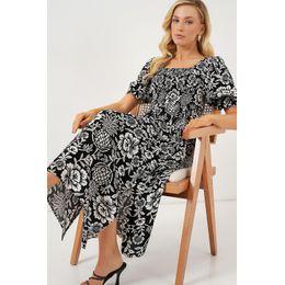 Blumen-Midikleid mit quadratischem Kragen und Schlitz