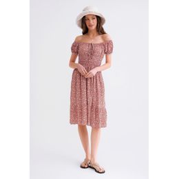 Schulterfreies Blumenmuster Kleid mit Raffung in der Taille und Puff&auml;rmeln