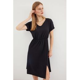 Strukturiertes V-Ausschnitt Midi-Strickkleid mit Schlitz