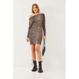Asymmetrischer Kragen Leopardenmuster Minikleid