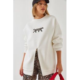 Bestickter Rundhals-Pullover mit Rei&szlig;verschluss