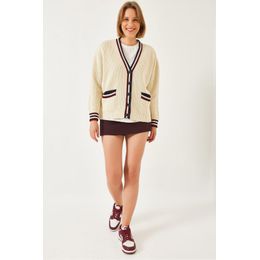 Gemusterter V-Ausschnitt Rippstrick-Cardigan mit Taschen