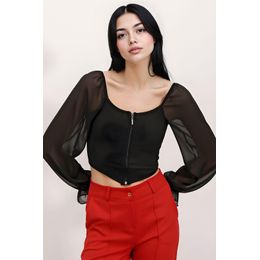 Gerippte Rei&szlig;verschluss-Crop-Bluse mit quadratischem Kragen