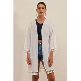 Midi Strand-Kimono mit Pompom-Detail