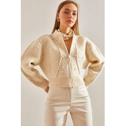 Perlenverzierten Rei&szlig;verschluss-Crop-Cardigan