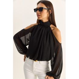H&auml;lftiger Turtleneck-Crop-Bluse mit Ausschnitt