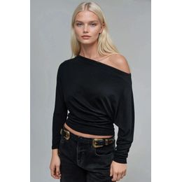 Asymmetrisches Kragen Langarm Elastisches Strick T-Shirt
