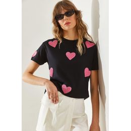 Herz-Muster gesticktes Rundhals-T-Shirt