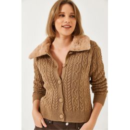 Strukturierter Kunstfell-Schalkragen-Cardigan