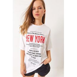 Oversized Rundhalsausschnitt Baumwoll-T-Shirt mit Motivationsdruck