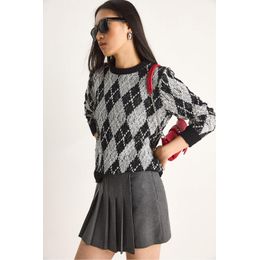 Damen Rundhals Strickpullover mit Rautenmuster