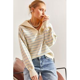 Gestreifter Boxy Crop-Pullover mit Rei&szlig;verschlusskragen