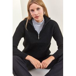 &Uuml;bergr&ouml;&szlig;e Texturiertes Strickpullover mit Rei&szlig;verschlusskragen