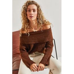 Schulterfreier gerippter Strickpullover