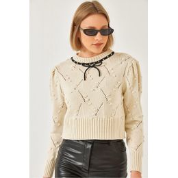Strukturiertes Besticktes Rundhals Enges Crop Sweater