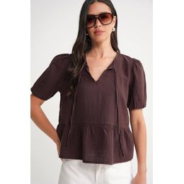 Strukturierte Musselin Rundhalsbluse mit Bindedetail